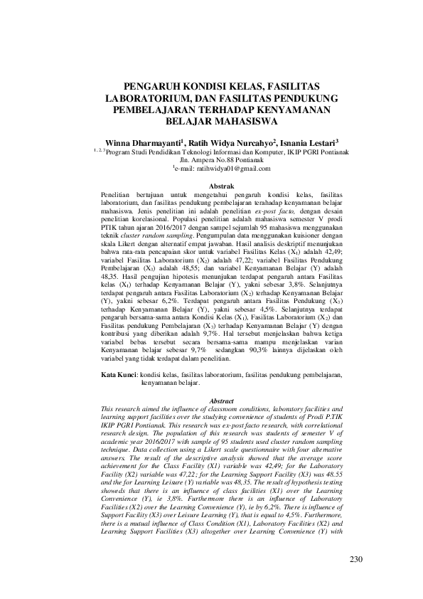 (PDF) Pengaruh Kondisi Kelas, Fasilitas Laboratorium, Dan Fasilitas ... (PDF) Pengaruh Kondisi Kelas, Fasilitas Laboratorium, Dan Fasilitas ...