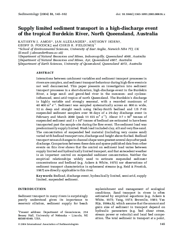 (PDF) Supply limited sediment transport in a high-discharge event of ...