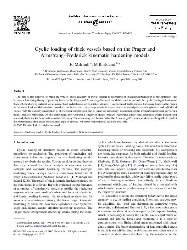 (PDF) Cyclic loading of thick vessels based on the Prager and Armstrong ...