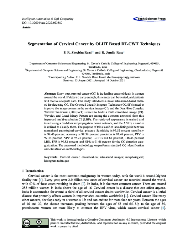 (PDF) Segmentation of Cervical Cancer by OLHT Based DT-CWT Techniques