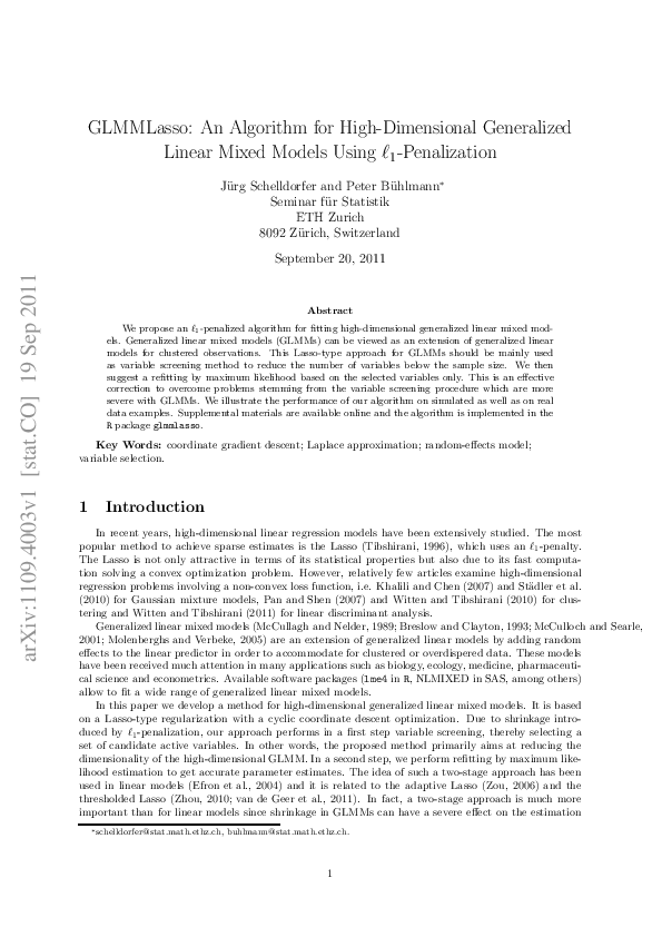 Pdf Glmmlasso L1 Penalized Algorithm For High Dimensional Glmms