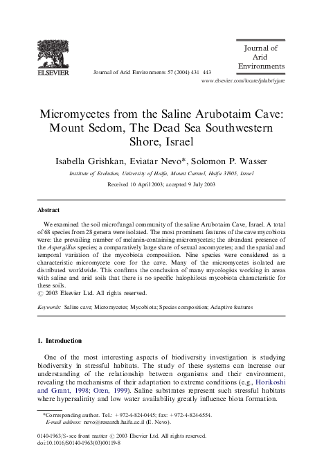 (PDF) Micromycetes from the Saline Arubotaim Cave: Mount Sedom, The ...