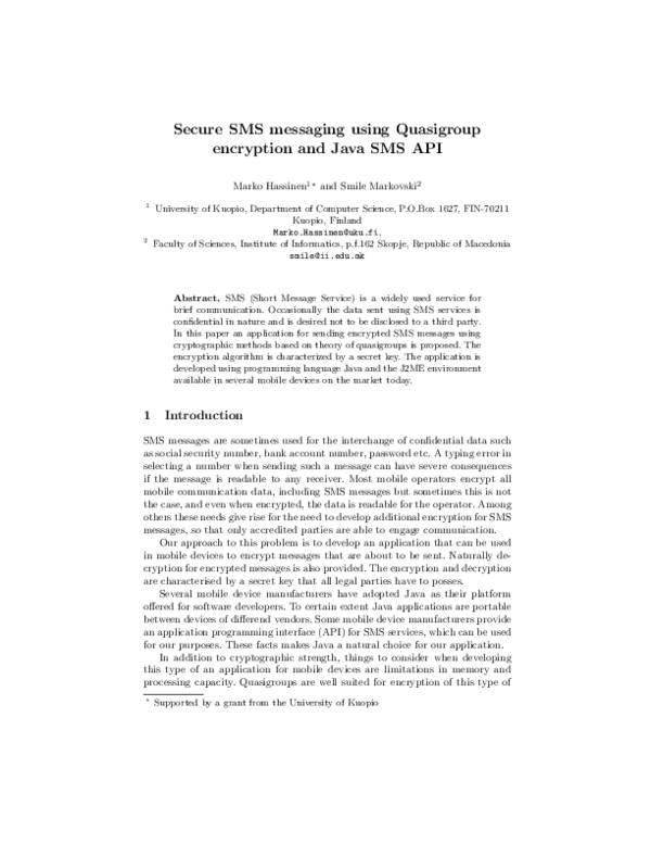 (PDF) Secure SMS messaging using Quasigroup encryption and Java SMS API