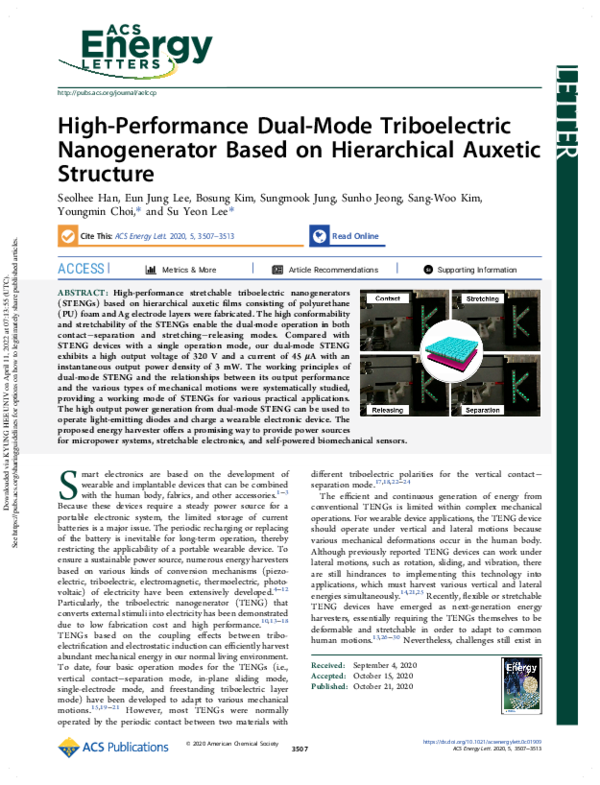 (PDF) High-Performance Dual-Mode Triboelectric Nanogenerator Based on Hierarchical Auxetic Structure