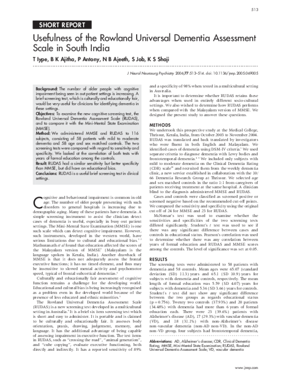 (PDF) Usefulness of the Rowland Universal Dementia Assessment Scale in ...