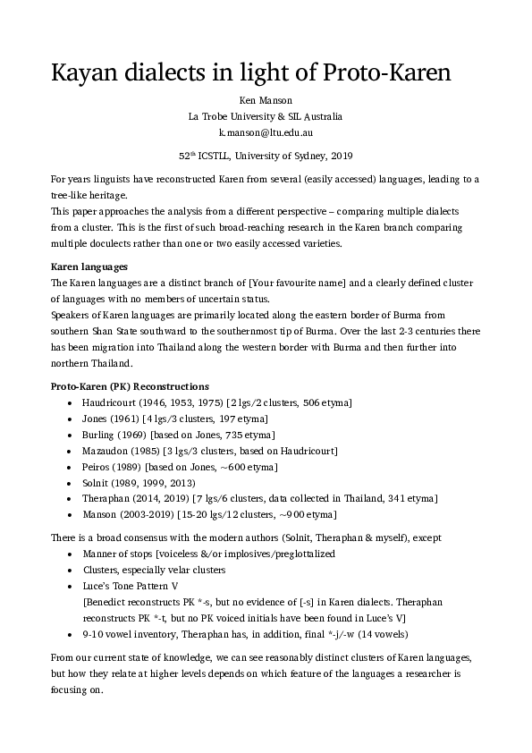 (PDF) Kayan in light of Proto-Karen