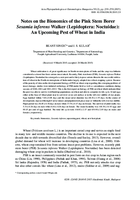 (PDF) Notes on the Bionomics of the Pink Stem Borer Sesamia inferens ...