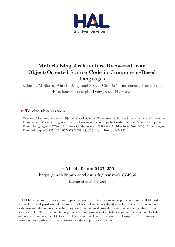 (PDF) Materializing Architecture Recovered from Object-Oriented Source Code in Component-Based ...