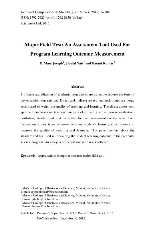 (PDF) Major Field Test: An Assessment Tool Used For Program Learning ...