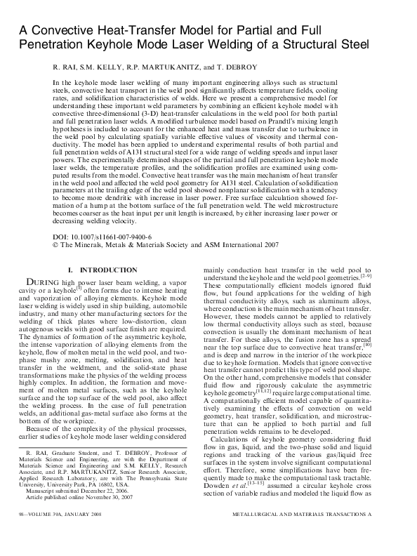 (PDF) A Convective Heat-Transfer Model for Partial and Full Penetration Keyhole Mode Laser ...