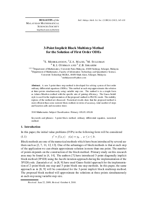 (PDF) 3-Point Implicit Block Multistep Method for the Solution of First ...