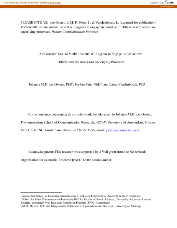 Pdf Adolescents Sexual Media Use And Willingness To Engage In Casual Sex Differential 