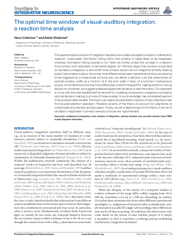 (PDF) The optimal time window of visual–auditory integration: a reaction time analysis