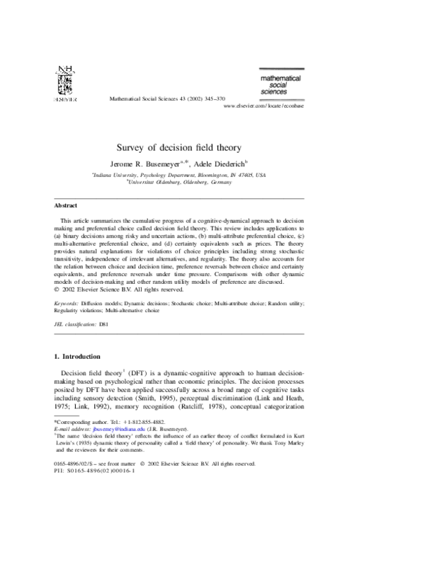 Pdf Survey Of Decision Field Theory