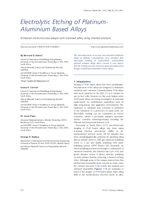 (PDF) Electrolytic Etching of Platinum- Aluminium Based Alloys