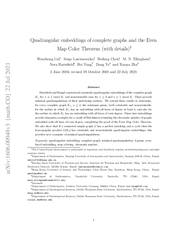 (PDF) Quadrangular embeddings of complete graphs and the Even Map Color Theorem (with details)