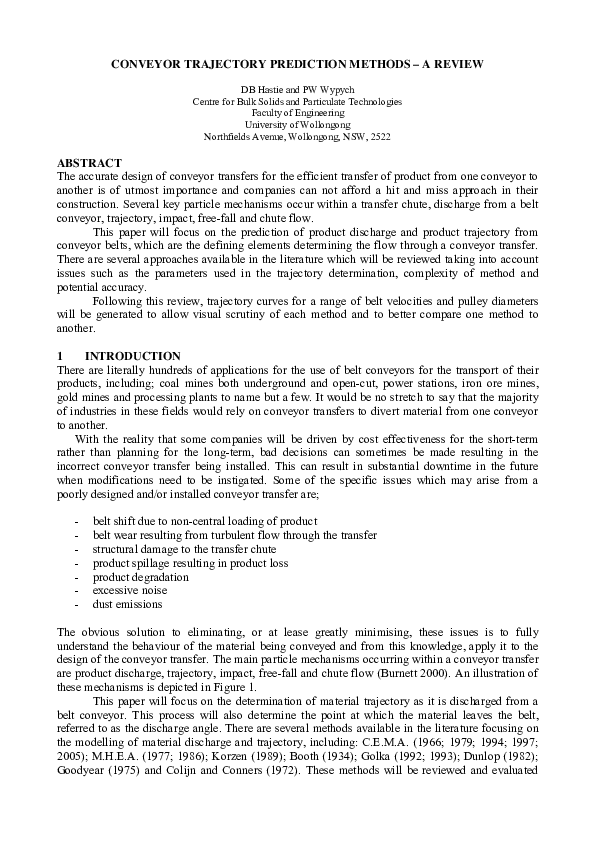 (PDF) Conveyor Trajectory Prediction Methods - A Review (PDF) Conveyor Trajectory Prediction Methods - A Review