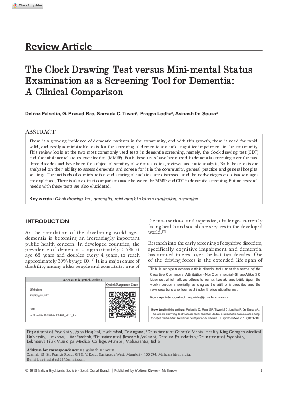 (PDF) The Clock Drawing Test versus Mini-mental Status Examination as a ...