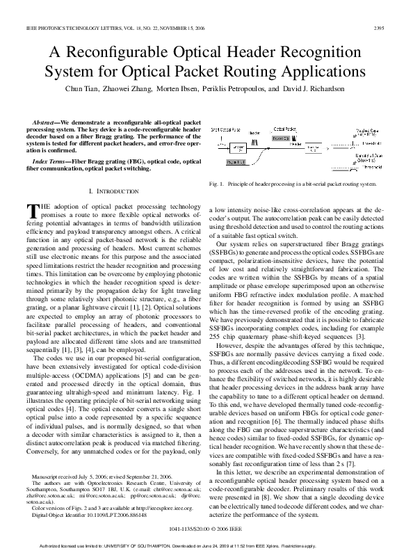 Pdf A Reconfigurable Optical Header Recognition System For Optical Packet Routing Applications