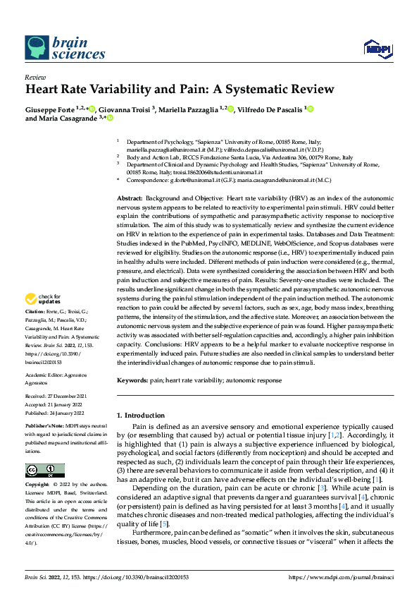(PDF) Heart Rate Variability and Pain: A Systematic Review