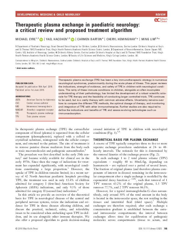 (PDF) Therapeutic plasma exchange in paediatric neurology: a critical ...