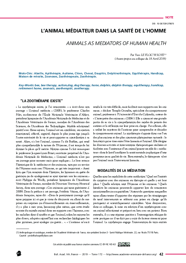 (PDF) L’animal médiateur dans la santé de l’homme
