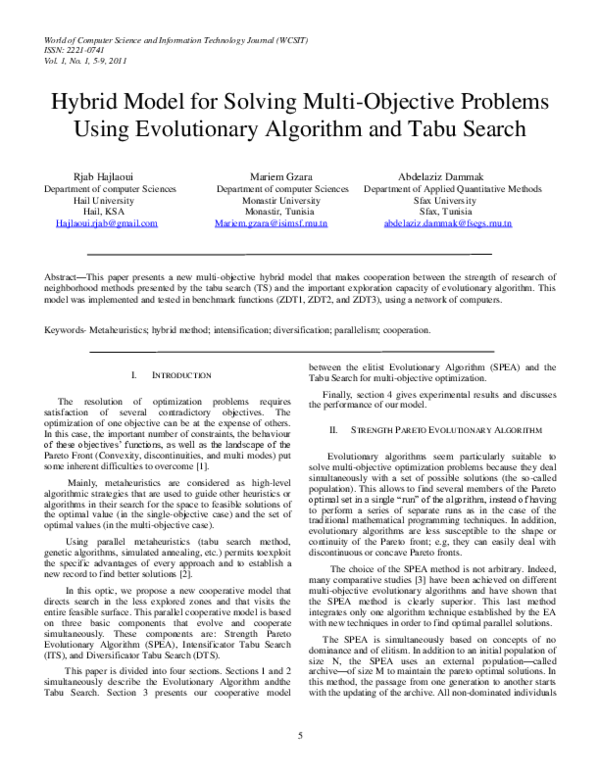 Pdf Hybrid Model For Solving Multi Objective Problems Using Evolutionary Algorithm And Tabu Search