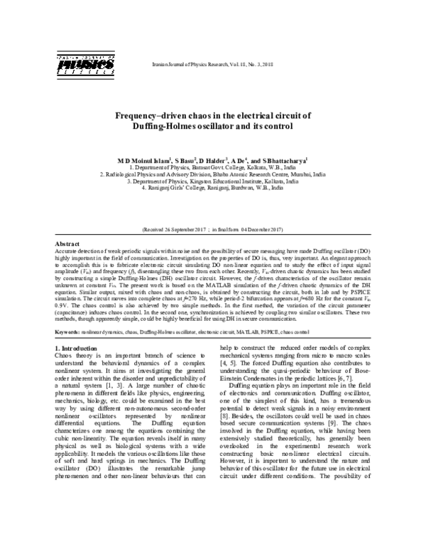 (PDF) Frequency–driven chaos in the electrical circuit of Duffing-Holmes oscillator and its control