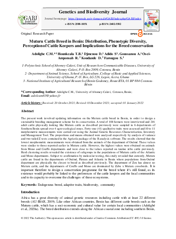 (PDF) Muturu Cattle Breed in Benin: Distribution, Phenotypic Diversity ...