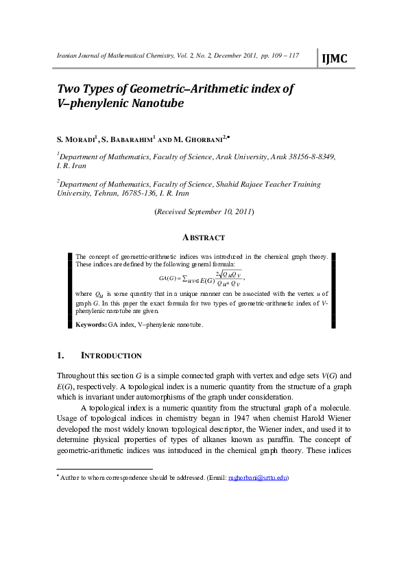 (PDF) Geometric-Arithmetic Indices in Graph Theory