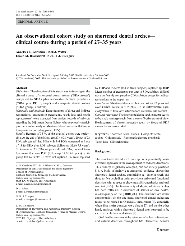 (PDF) An observational cohort study on shortened dental arches—clinical ...