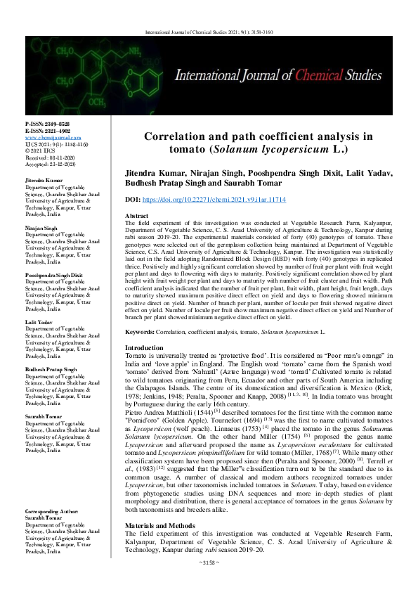 (PDF) Correlation and Path Coefficient Analysis in Tomato (Solanum lycopersicum L.) | SAURABH ...