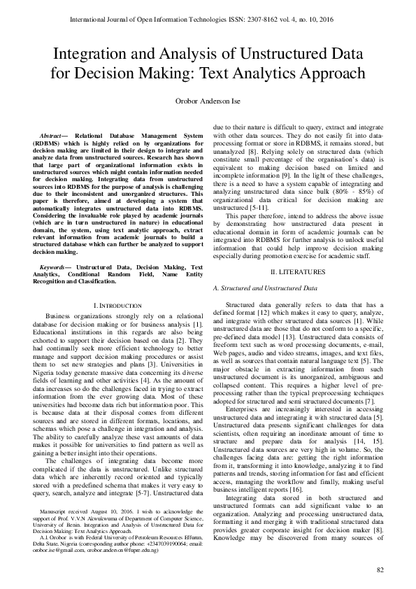 Pdf Integration And Analysis Of Unstructured Data For Decision Making Text Analytics Approach