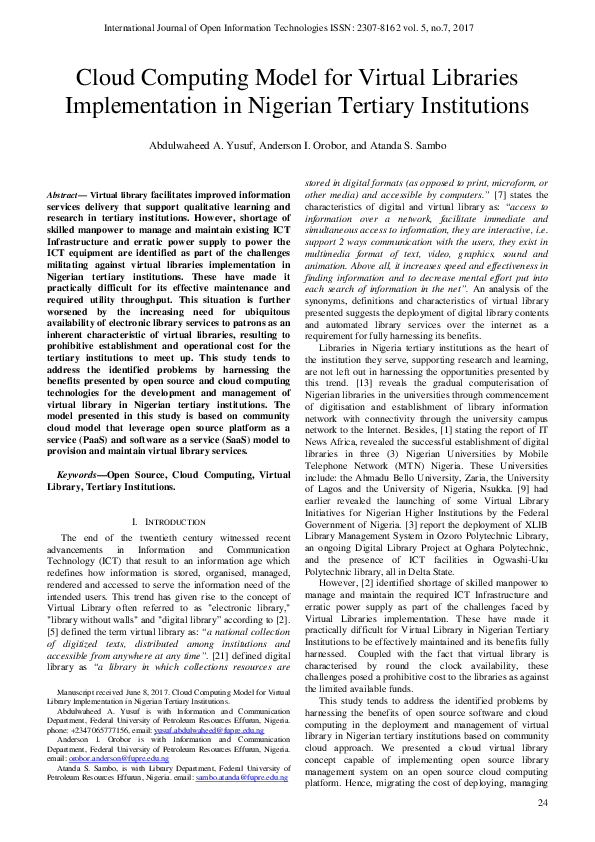 (PDF) Cloud Computing Model for Virtual Libraries Implementation in Nigerian Tertiary Institutions