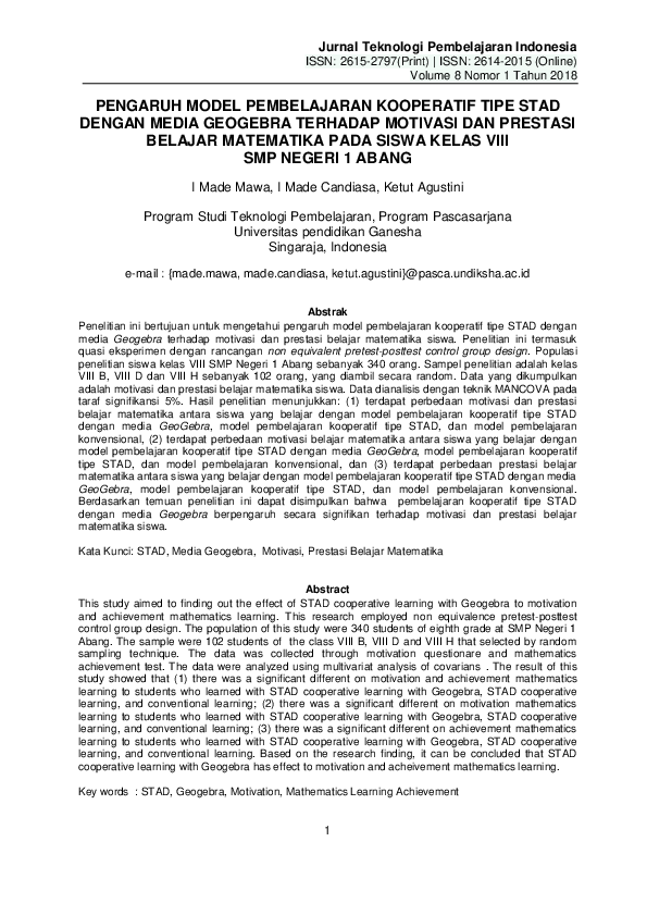 (PDF) Pengaruh Model Pembelajaran Kooperatif Tipe STAD dengan Media Geogebra terhadap Motivasi ...