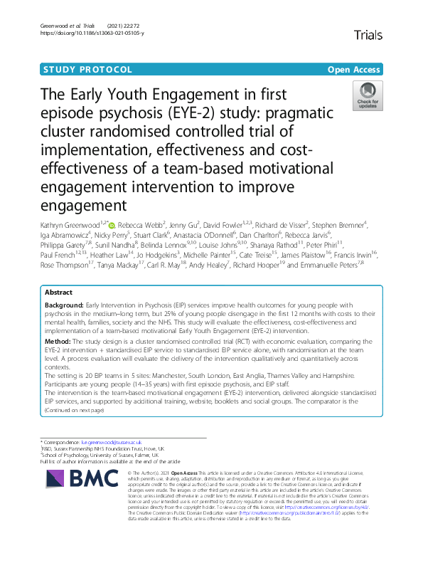 (PDF) The Early Youth Engagement in first episode psychosis (EYE-2) study: pragmatic cluster ...
