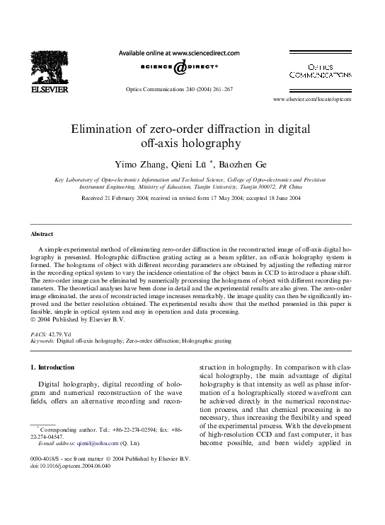 (PDF) Elimination of zero-order diffraction in digital off-axis holography