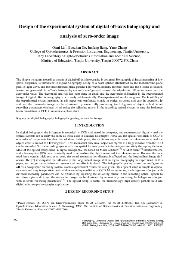 (PDF) Design of the experimental system of digital off-axis holography ...