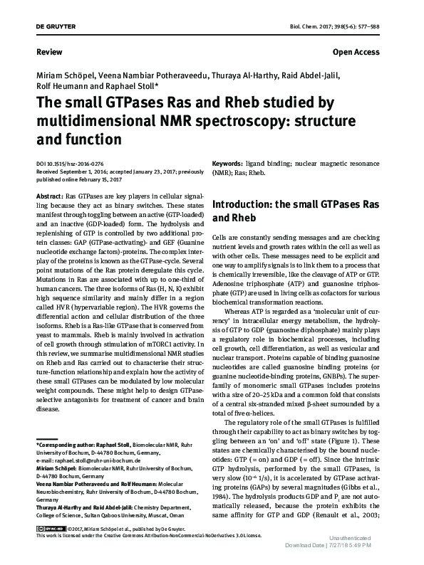 (PDF) The small GTPases Ras and Rheb studied by multidimensional NMR spectroscopy: structure and ...