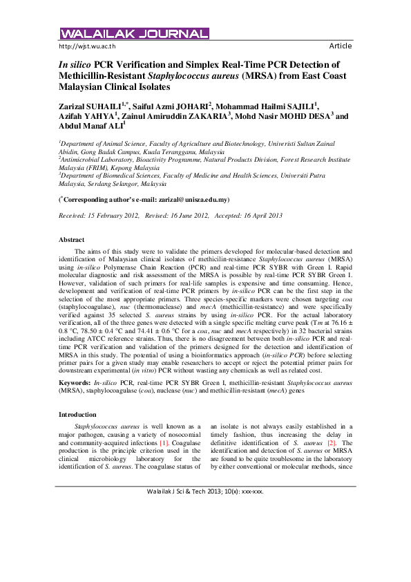 (PDF) In silico PCR Verification and Simplex Real-Time PCR Detection of ...