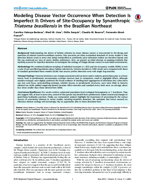 (PDF) Modeling Disease Vector Occurrence when Detection Is Imperfect ...