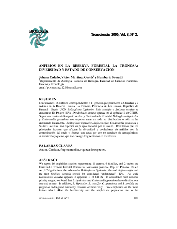 (PDF) Anfibios en La Reserva Forestal La Tronosa: Diversidad y Estado ...