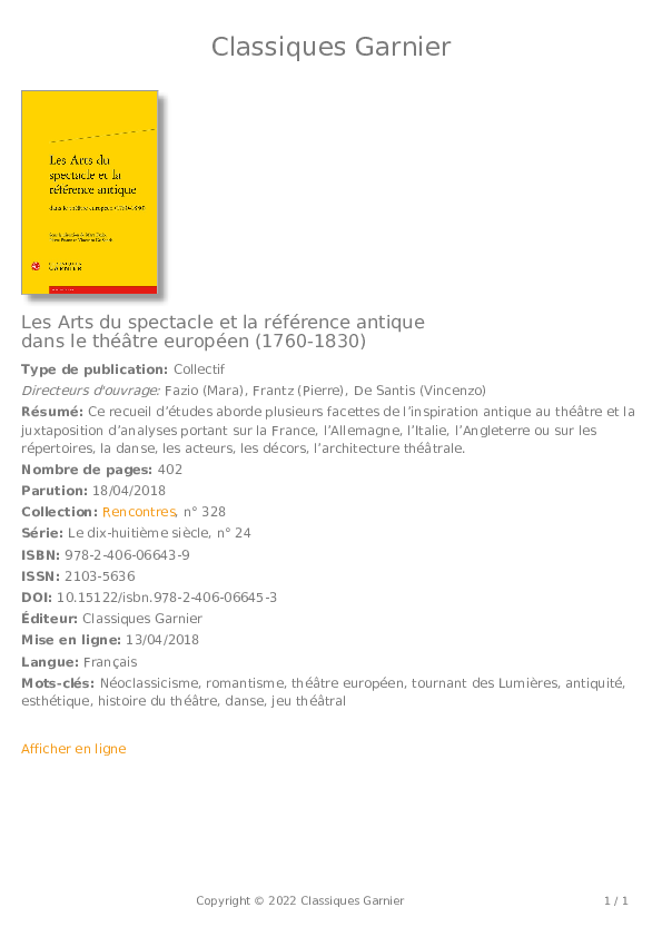 (PDF) Les Arts du spectacle et la référence antique dans le théâtre ...