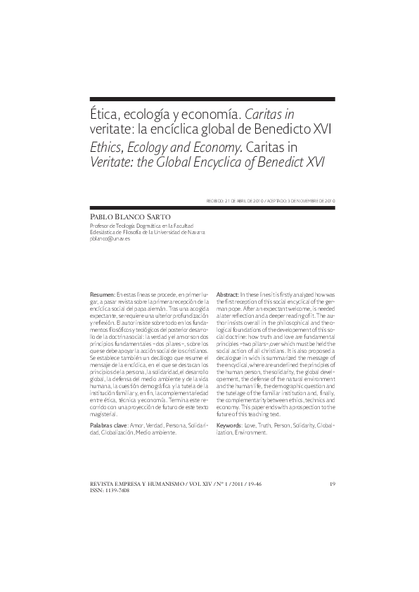 (PDF) Caritas in veritate: la encíclica global de Benedicto XVI