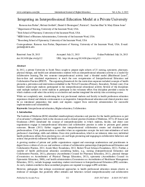 (PDF) Integrating an Interprofessional Education Model at a Private ...