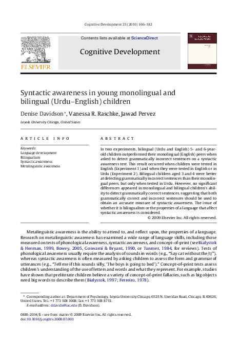 (PDF) Syntactic awareness in young monolingual and bilingual (Urdu–English) children