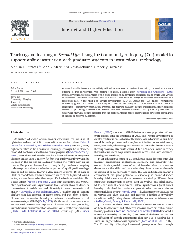 (PDF) Teaching and learning in Second Life: Using the Community of ...