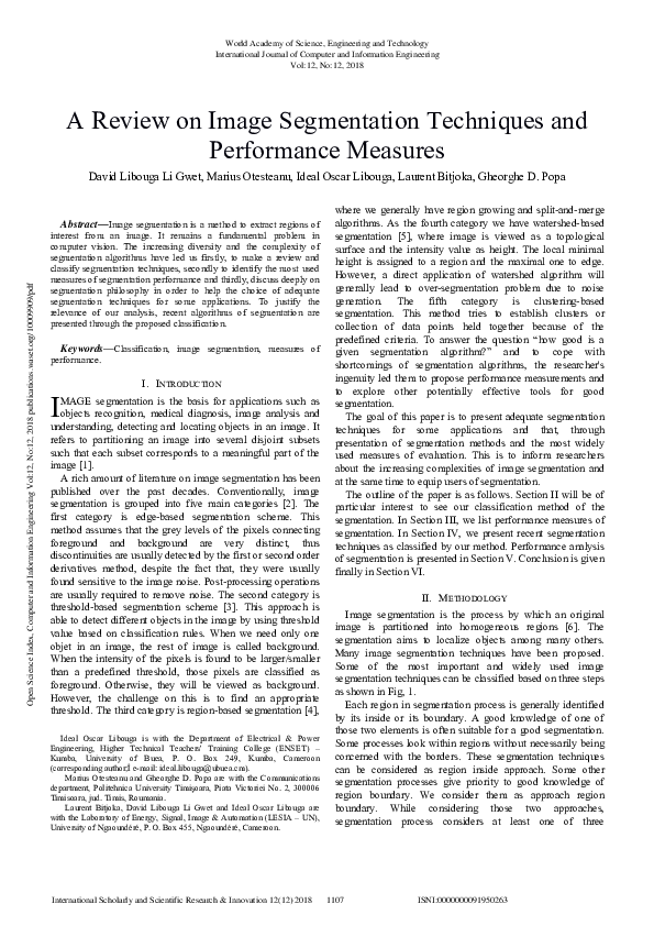 (PDF) A Review on Image Segmentation Techniques and Performance Measures