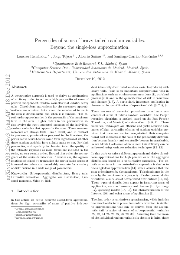(PDF) Percentiles of sums of heavy-tailed random variables: beyond the single-loss approximation