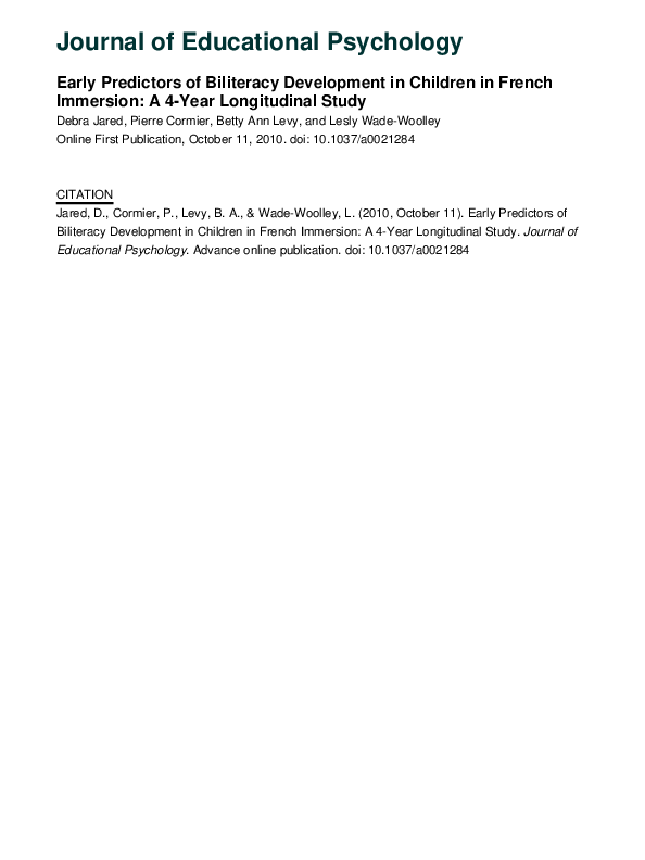 (PDF) Early predictors of biliteracy development in children in French immersion: A 4-year ...